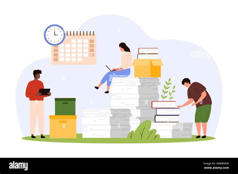 Office paperwork organization and data management. Busy tiny people work with big stack of paper ...
