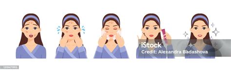 그녀의 얼굴에 여드름을 가진 귀여운 만화 갈색 머리 아가씨는 문제 피부를 돌봅니다 여자는 그녀의 얼굴을 세척하고 여드름 크림을 적용합니다 건강하고 깨끗한 피부 흰색