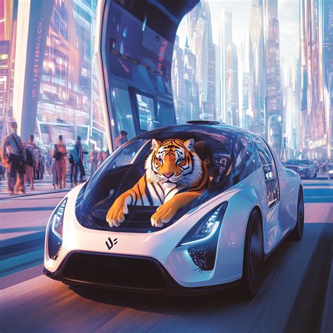 호랑이가 운전석에 앉아 있는 자율주행 자동차 현대적인 도시 배경 낮의 밝은 햇살 아래 자동차의 내부가 잘 보이도록 호랑이의 표정은 호기심 가득 세련된 디자인의