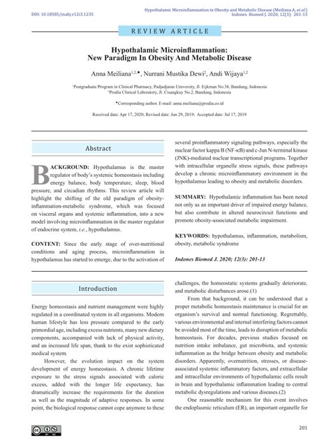 Pdf Hypothalamic Microinflammation New Paradigm In Obesity And