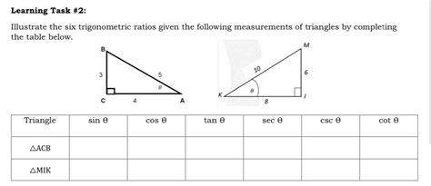 Solved: Learning Task #2: Illustrate the six trigonometric ratios given the following ...
