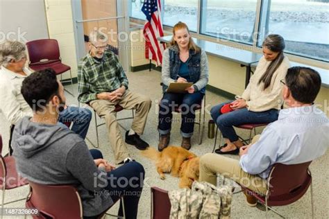 지원 그룹을 위한 다인종 재향 군인 모임의 높은 각도 보기 25 29세에 대한 스톡 사진 및 기타 이미지 25 29세 45 49세 60 64세 Istock