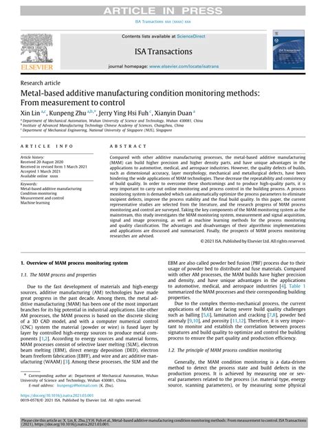 Pdf Metal Based Additive Manufacturing Condition Monitoring Methods From Measurement To Control