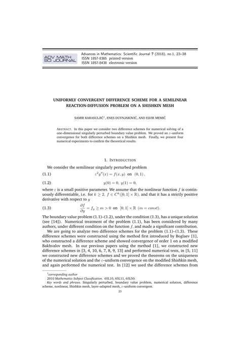 Pdf Uniformly Convergent Difference Scheme For A Semilinear Reaction Diffusion Problem On A