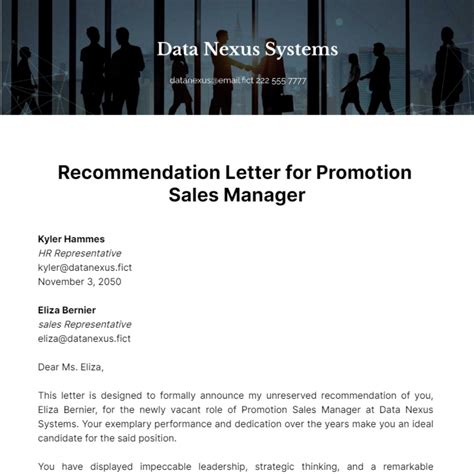 Free Recommendation Letter For Promotion Sales Manager Template To Edit