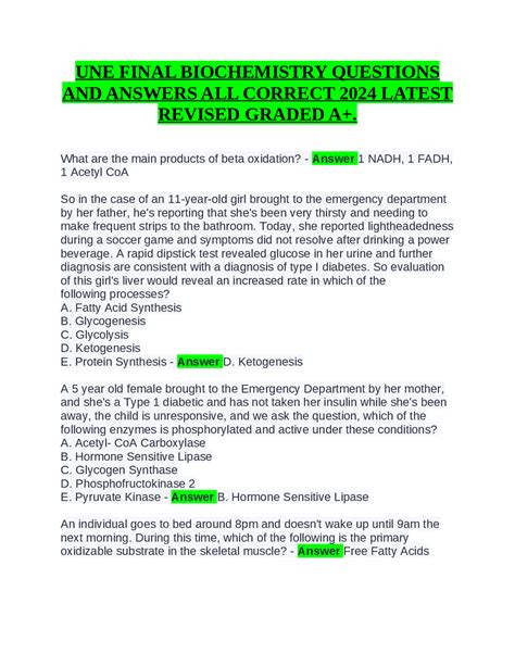 Une Final Biochemistry Questions And Answers All Correct 2024 Latest Revised Graded A