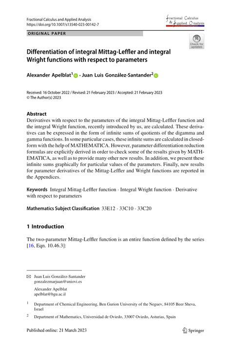 Pdf Differentiation Of Integral Mittag Leffler And Integral Wright