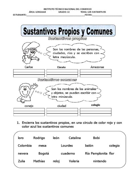 Hojas De Trabajo Sobre Sustantivos Propios Comunes Para Quinto Grado