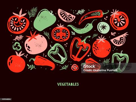 검은 색 배경에 화려한 낙서 야채 고추와 후추 뜨거운 칠리 토마토 할라피뇨 파프리카 야채는 반으로 자른 조각 손으로 그린 벡터 수평 배너 일러스트 포스터 건강한 식생활에