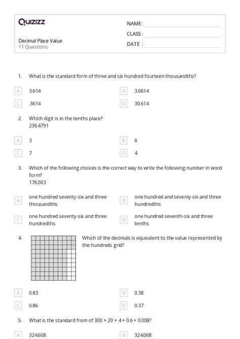 50 Decimal Place Value Worksheets For 6th Year On Quizizz Free