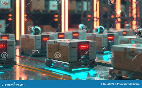 A Fleet Of Autonomous Robots Efficiently Navigating A High Tech Warehouse Indicating A
