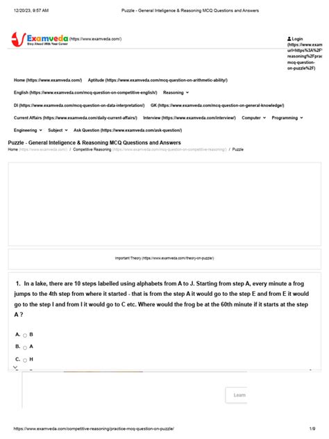 Puzzle General Inteligence And Reasoning Mcq Questions And Answers Pdf Multiple Choice