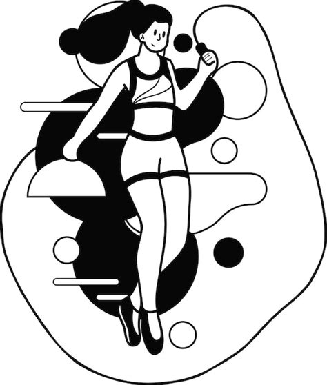 낙서 스타일의 건강한 피트니스 소녀 점프 로프 그림 프리미엄 벡터