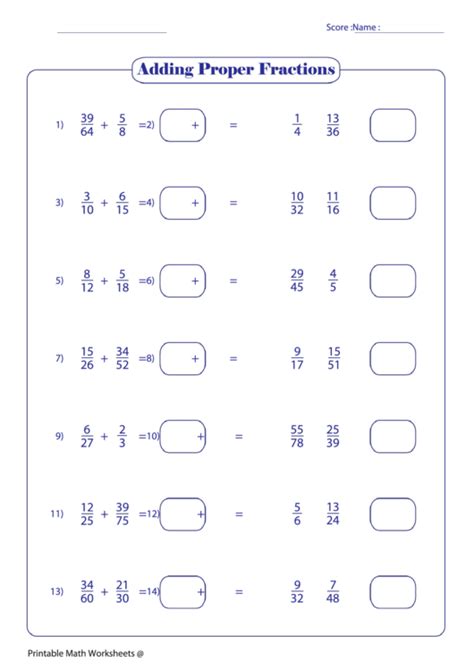 Adding Proper Fractions Printable Pdf Download