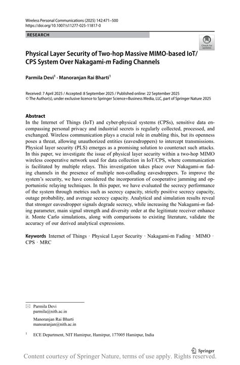 Physical Layer Security Of Two Hop Massive Mimo Based Iotcps System