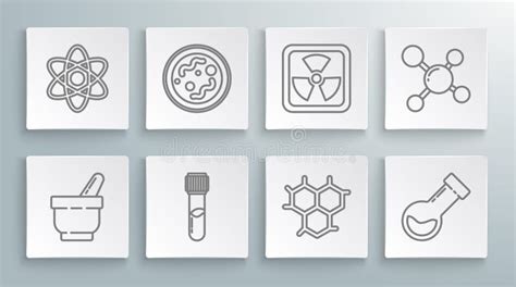 Set Line Mortar And Pestle Bacteria Test Tube Flask Chemical Chemical Formula Radioactive