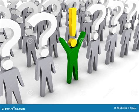 Один человек с восклицательным знаком и много люди с вопросительными знаками Иллюстрация штока