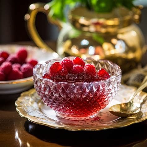 Raspberry Jam And Raspberries In A Crystal Bowl Country Food And