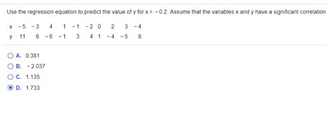 solved use the regression equation to predict the value of y