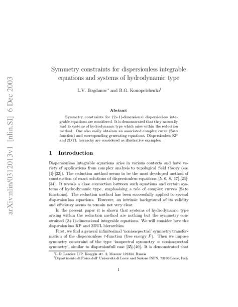 Pdf Symmetry Constraints For Dispersionless Integrable Equations And Systems Of Hydrodynamic Type