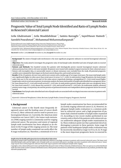 Pdf Prognostic Value Of Total Lymph Node Identified And Ratio Of
