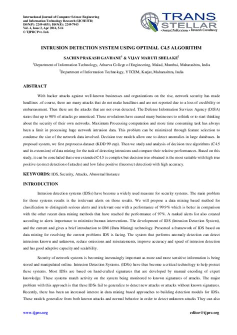 Pdf Intrusion Detection System Using Optimal C4 5 Algorithm