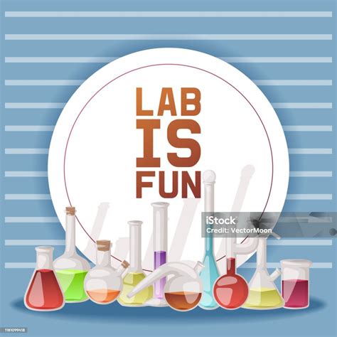 실험실은 재미있는 배너 벡터 일러스트입니다 분석을위한 다른 실험실 유리 제품 및 액체 오렌지 노란색 및 빨간색 액체와 테스트