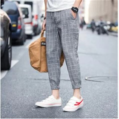 봄과 여름 남성 바지 아홉 포인트 바지 남성의 작은 다리 캐주얼 바지 격자 무늬 legging 슬림 소년의 한국어 버전 캐주얼 바지 AliExpress