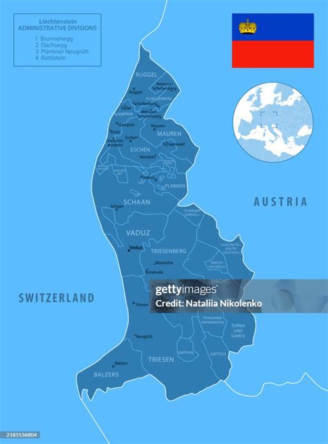 Liechtenstein Detailed Map With Regions And Cities Of The Country Flag