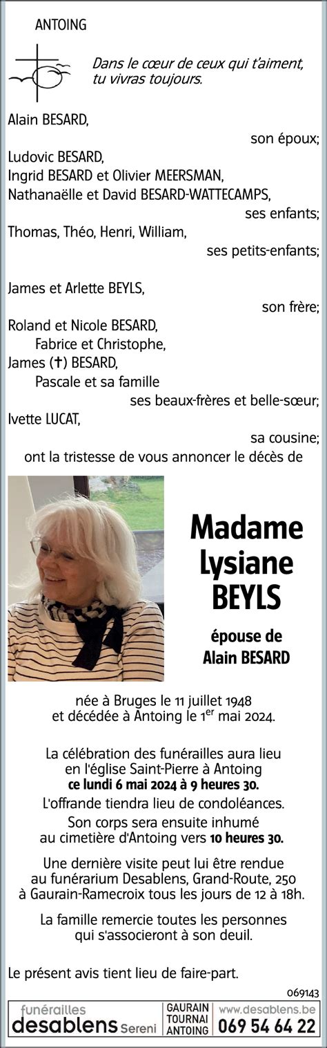 avis de décès de lysiane beyls décédé le 01 05 2024 à antoing annonce