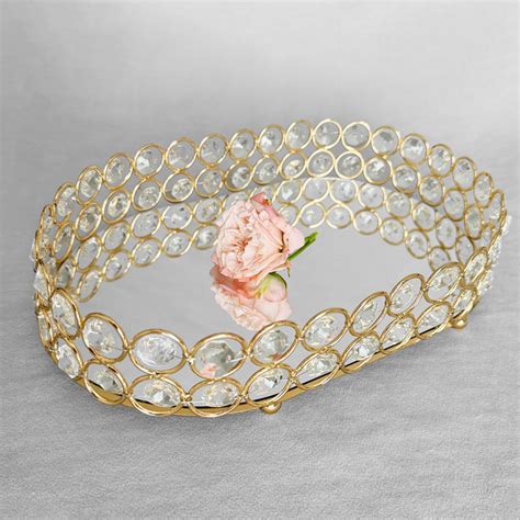 Піднос для десертів з кристалами лоток овальний для зберігання косметики 25 18 см золотистий