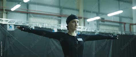 Bts Of Filmmaking Female Actor Is Standing In T Pose For Calibrating Motion Capture Software Bts Of Filmmaking Female Actor Is Standing In T Pose For Calibrating Motion Capture Software