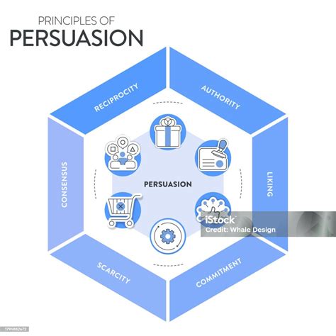 설득 프레임워크의 원칙 다이어그램 차트 아이콘 벡터가 있는 인포그래픽 배너에는 Recprocity Authority