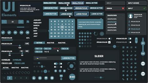 버튼 아이콘 내비게이션 메뉴 및 반응형 디자인 요소를 특징으로하는 현대 Ui 키트 로그인 양식 미디어 플레이어 검색 바 및 캘린더 앱 및 웹 사이트에 이상적입니다