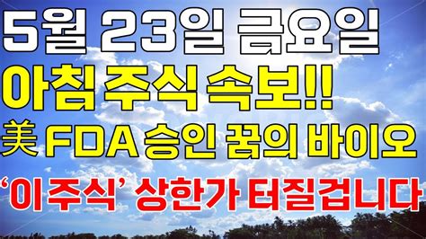 5월 23일 금요일 아침 주식방송ㅣ속보 미국 Fda 승인 잭팟 터진 탈모치료제 꿈의 신약 이 주식 오늘 꼭 사세요 개미 다 털렸고 급등 임박했어요 상한가 터질