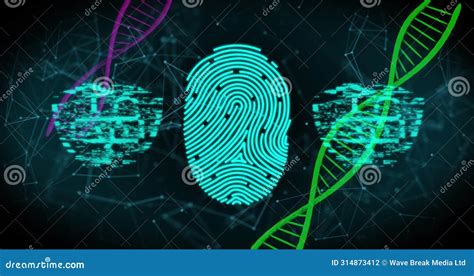 Biometric Scanner And Security Padlock Icons Against Dna Structures And Network Of Connections