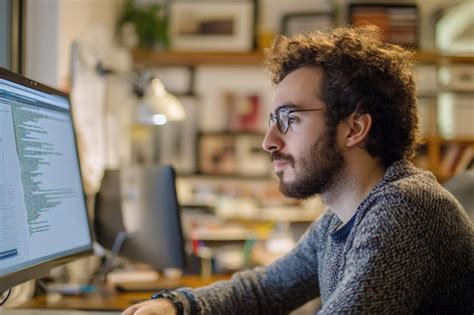 Focused Software Developer Coding At Home Office With Dual Monitors And