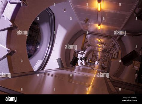dark futuristic spacecraft corridor countless objects floating in zero