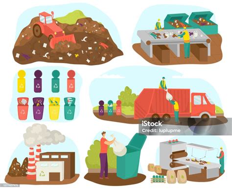 폐기물 쓰레기 분류 및 벡터 일러스트레이션 의 재활용 세트 재료 및 공장 폐기물 관리 및 재활용 개념 분리 공장 산업 건물에