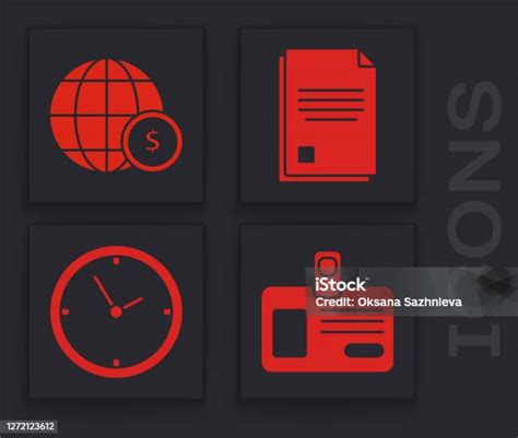 설정 식별 배지 달러 기호와 지구 지구 파일 문서 및 시계 아이콘 벡터 0명에 대한 스톡 벡터 아트 및 기타 이미지 0명 가는 끈 검은색 Istock