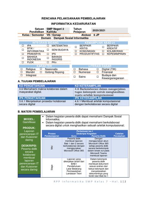 Rpp Informatika Dampak Sosial Informatika Kelas 7 Pdf Komputer