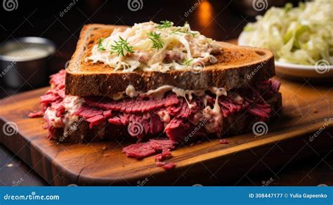 A Reuben Sandwich Filled With Corned Beef Sauerkraut Swiss Cheese