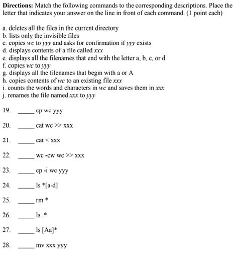 Directions Match The Following Commands To The Corresponding Descriptions Place The Letter