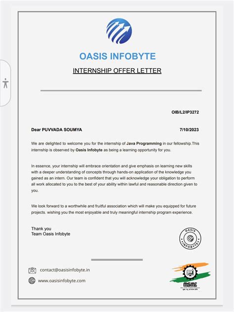 Soumya Puvvada On Linkedin Oasisinfobyte Internship Javaprogramming Internshipopportunity