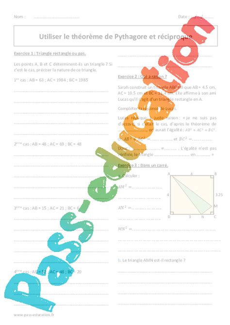 Théorème De Pythagore Et Réciproque 4ème Exercices Corrigés Cycle