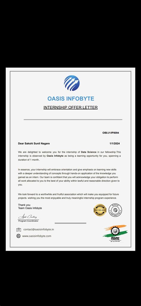 Sakshi Nagare On Linkedin Datascience Internship Oasisinfobyte