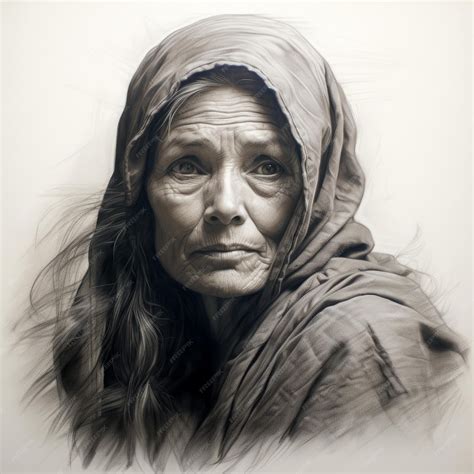 Premium Photo Detailed Pencil Drawing Of Older Woman In Scarf
