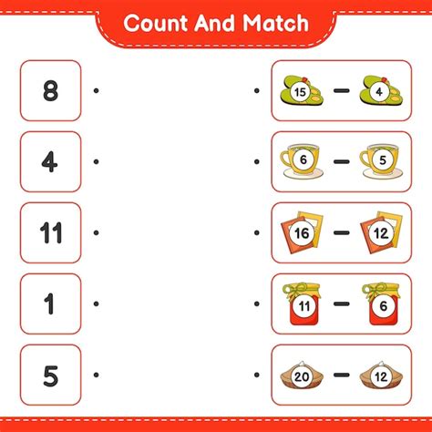 세어보고 일치하고 슬리퍼 찻잔 책 잼 파이의 수를 세고 올바른 숫자와 일치시킵니다 교육 어린이 게임 인쇄용 워크시트 벡터 일러스트 레이 션 프리미엄 벡터