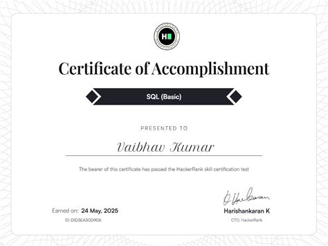 Earned Sql Certification From Hackerrank Vaibhav Kumar Posted On The Topic Linkedin