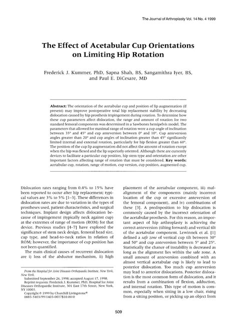 Pdf The Effect Of Acetabular Cup Orientation On Limiting Hip Rotation